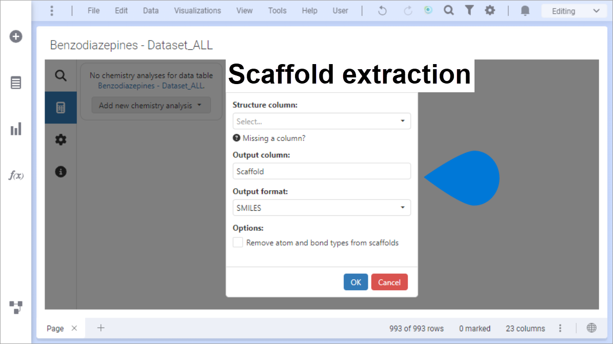 Add a scaffold extraction chemistry analysis from the ChemCharts Chemistry visualization ...