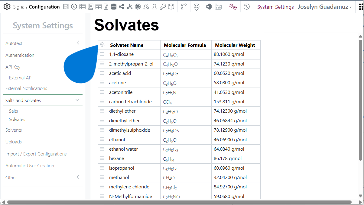 Add a new solvate to the Solvates table from the Signals Configuration ...