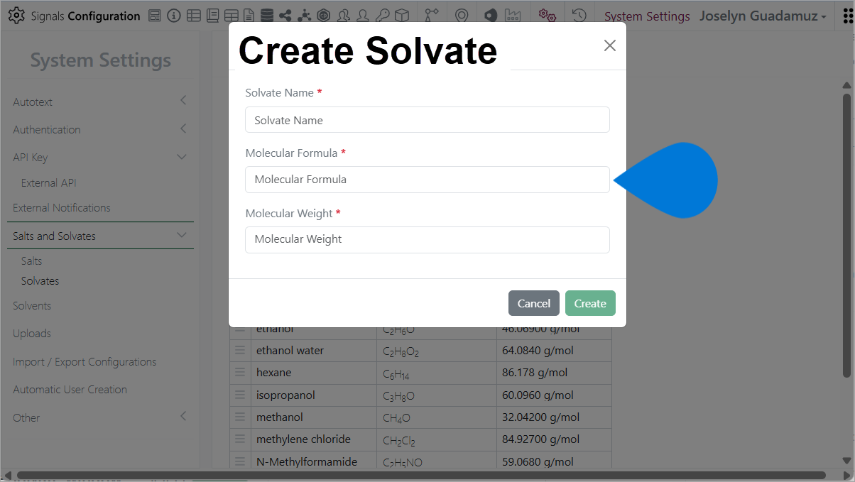 Add a new solvate to the Solvates table from the Signals Configuration ...