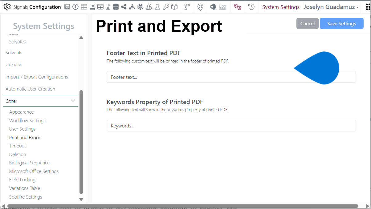 Modify the Print and Export settings from the Signals Configuration ...