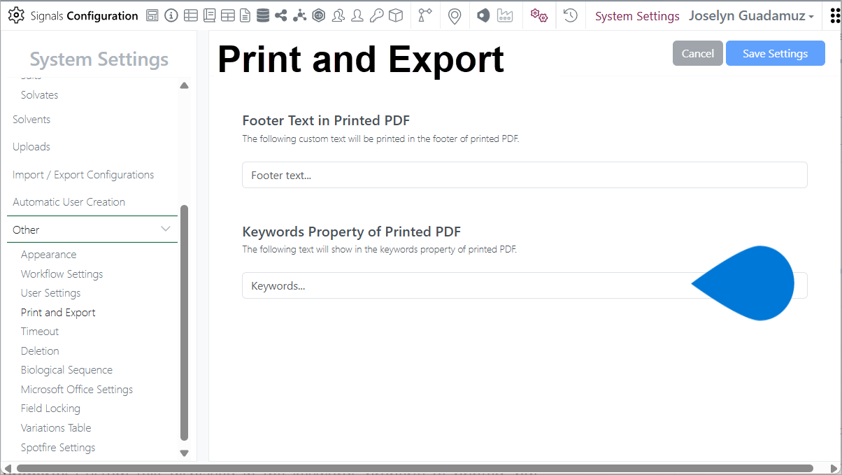 Modify the Print and Export settings from the Signals Configuration ...