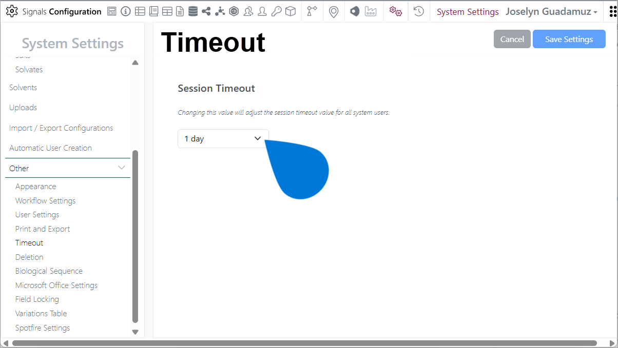 Modify the session Timeout for all users from the Signals Configuration – Revvity Signals