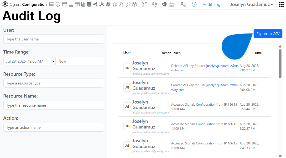 Export the audit log as a .csv file from the Signals Configuration ...