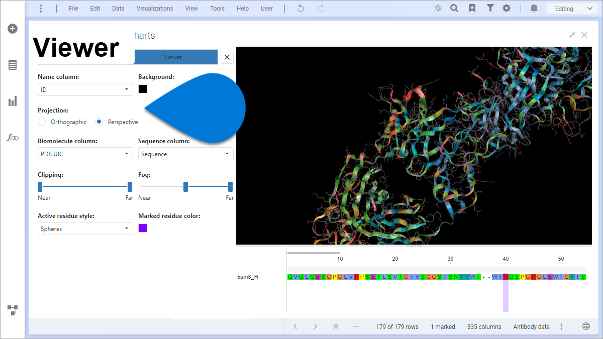 Modify the Viewer tab settings of the molecule controls of the ChemCharts Biomolecule viewer ...