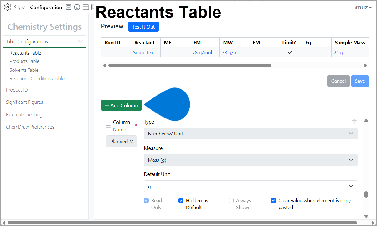 Add a column(s) to the Reactants table from the Signals Configuration – Revvity Signals