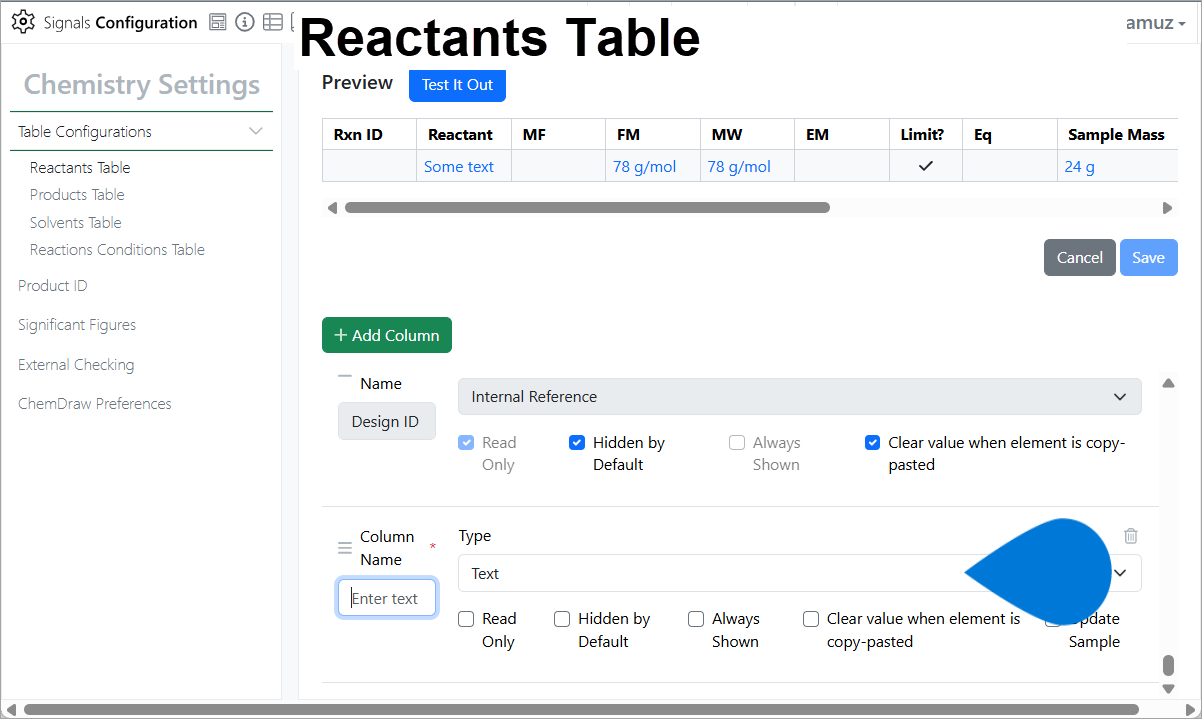 Add A Columns To The Reactants Table From The Signals Configuration Revvity Signals