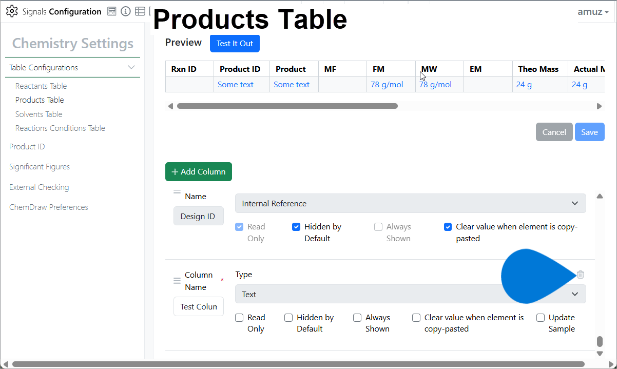 Delete a column(s) of the Products table from the Signals Configuration ...