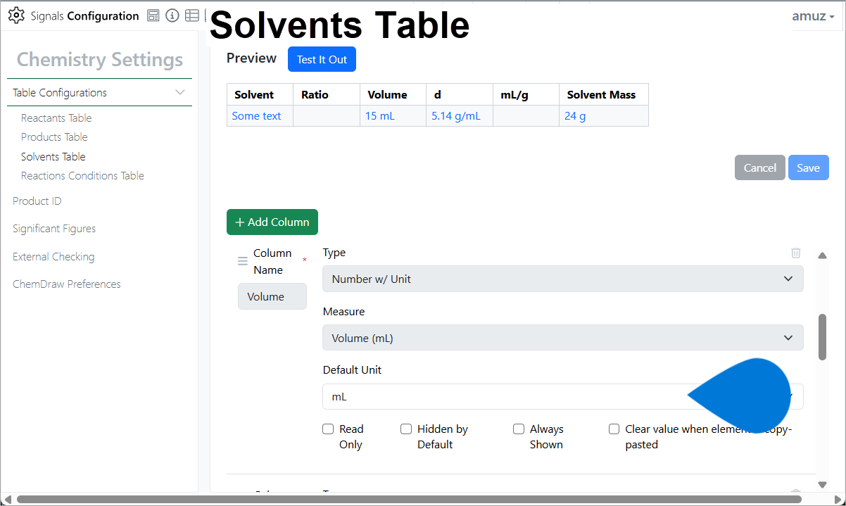 Change the default unit of a column(s) in the Solvents table from the ...