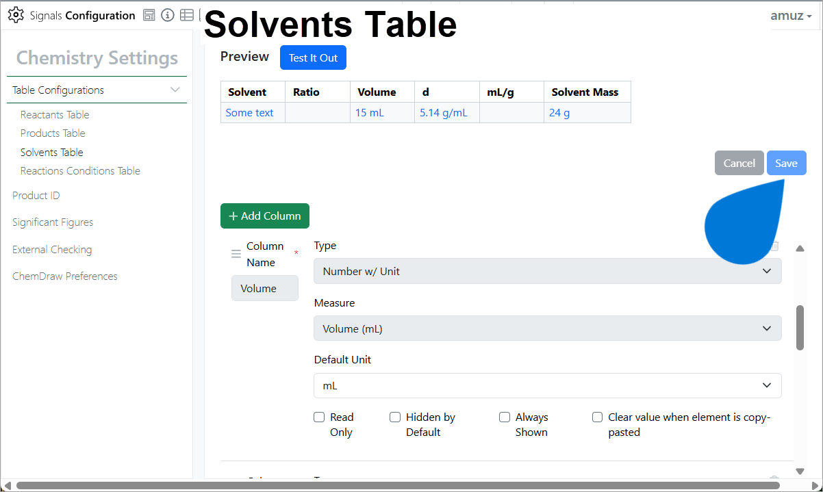 Change the default unit of a column(s) in the Solvents table from the ...