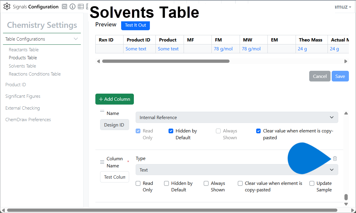 Delete a column(s) of the Solvents table from the Signals Configuration ...