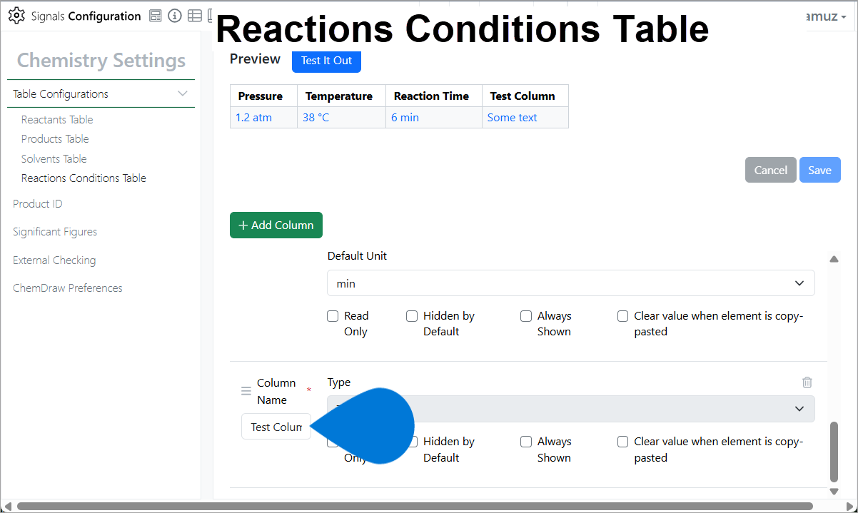 Rename a column(s) of the Reactions Conditions table from the Signals ...