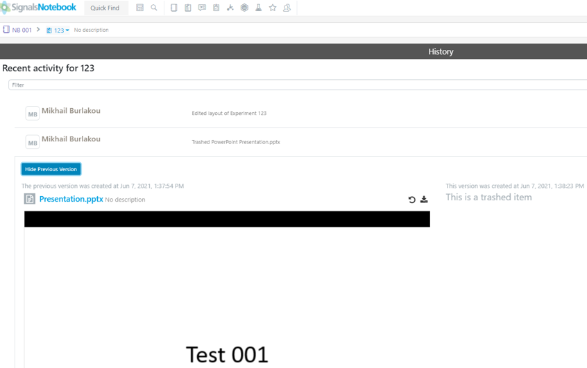 Signals Notebook: Can't find deleted attachment in Trashed items – Revvity Signals