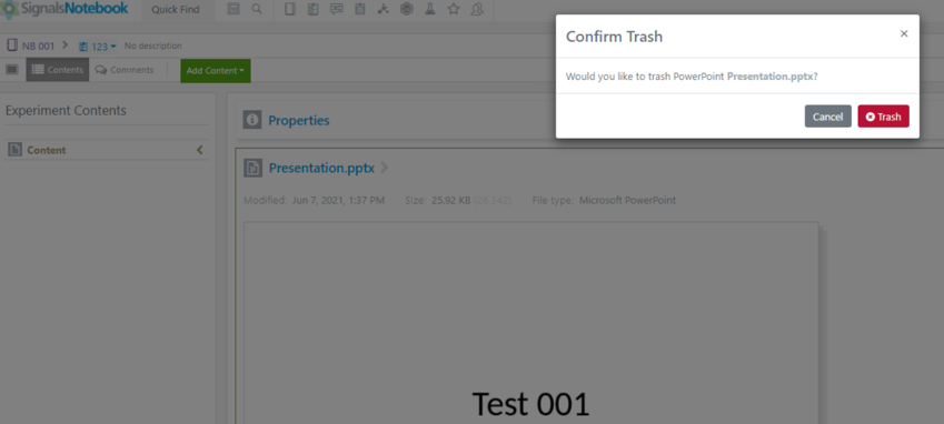 Signals Notebook: Can't find deleted attachment in Trashed items – Revvity Signals