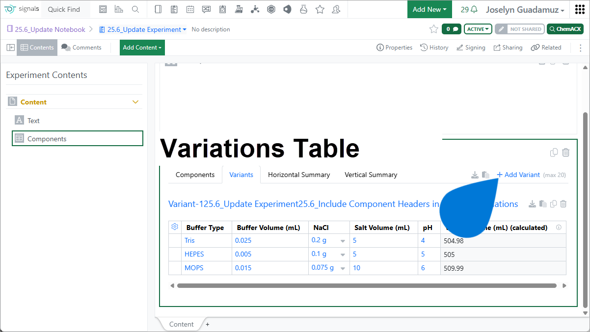 Fill in a Variations Table of an experiment in Signals – Revvity ...